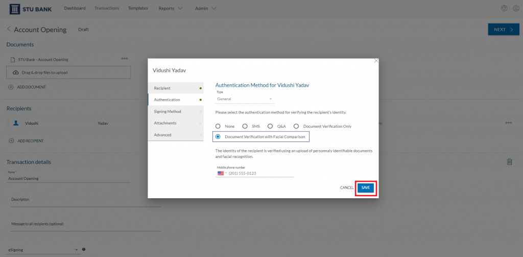 Validation of identity using OneSpan Sign tool